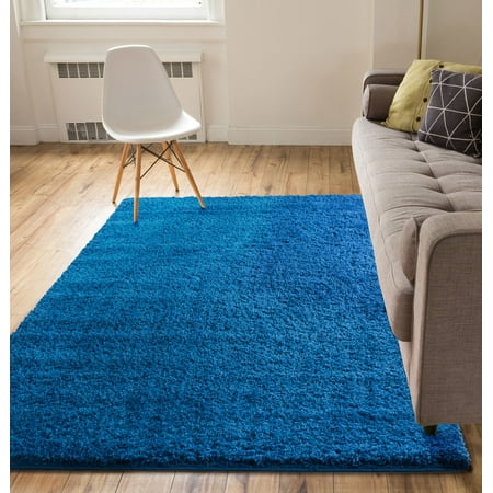 Solid Retro Modern Dark Blue Shag 5x7 ( 5' x 7'2'' ) Area Rug Plain ...