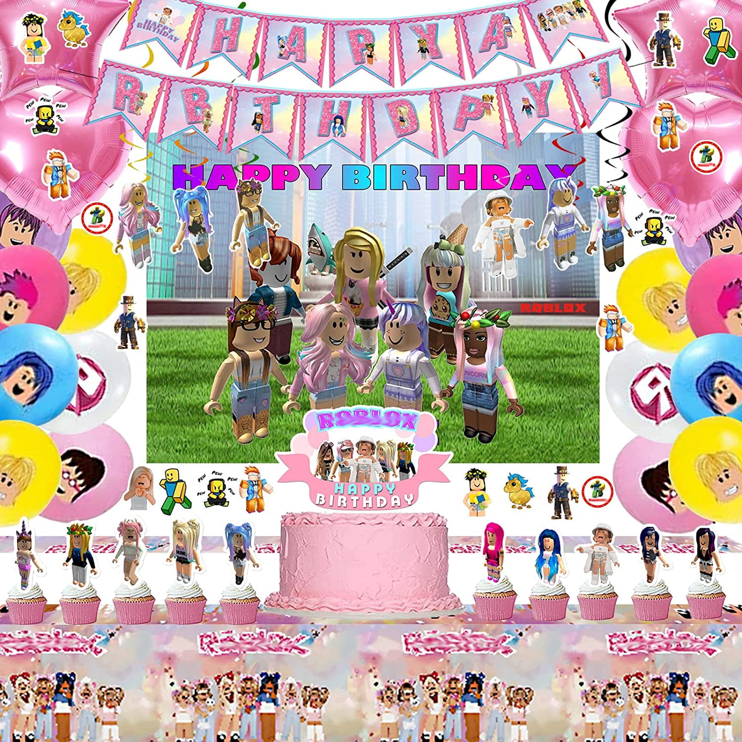 112 Pcs Roblox Party Supplies, With Happy Birthday Banner, Tablecloth ...