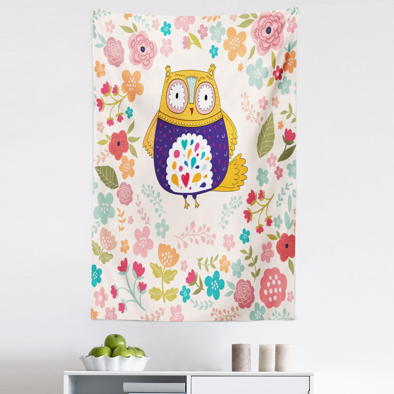 Owl Tapestry, Colorful Bird and Blooming Flowers Ornamental Doodles ...