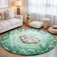 Cartoon Cute Wolf Stars Round Rug 3ft Forest Green Leaf Flower Plant ...
