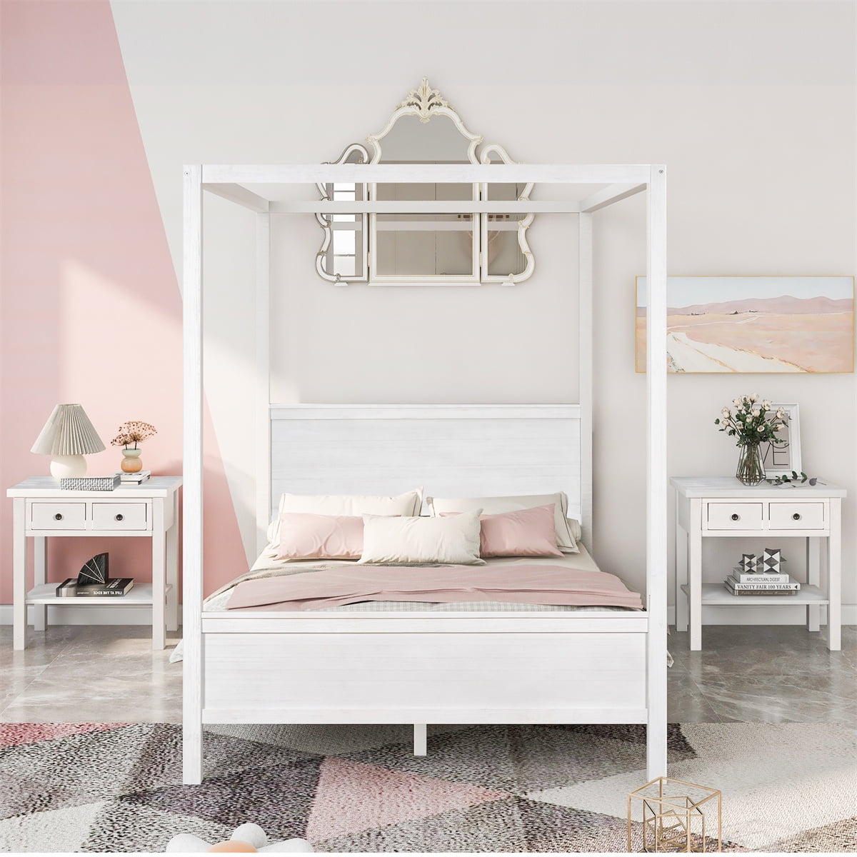 Queen Size Canopy Bed With Two Nightstands Wood Platform Bed Frame