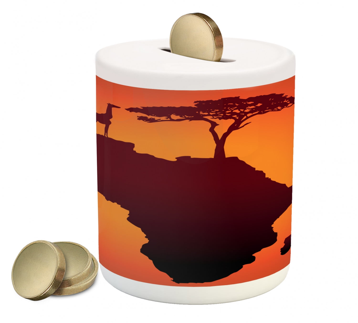 African Piggy Bank, Safari Map Continent Giraffe and Tree Silhouette ...