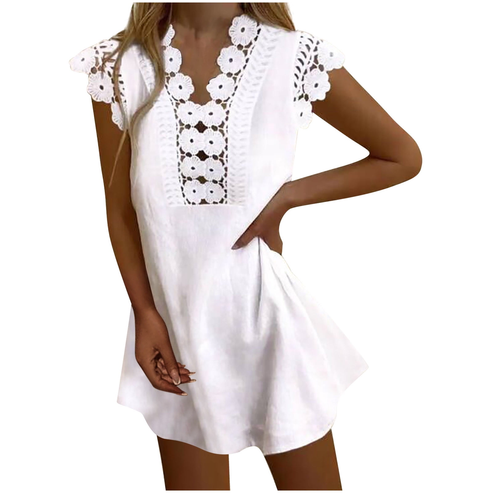 Sundresses for Women V Neck Cutout Plain Lace Mini Tank Dress ...