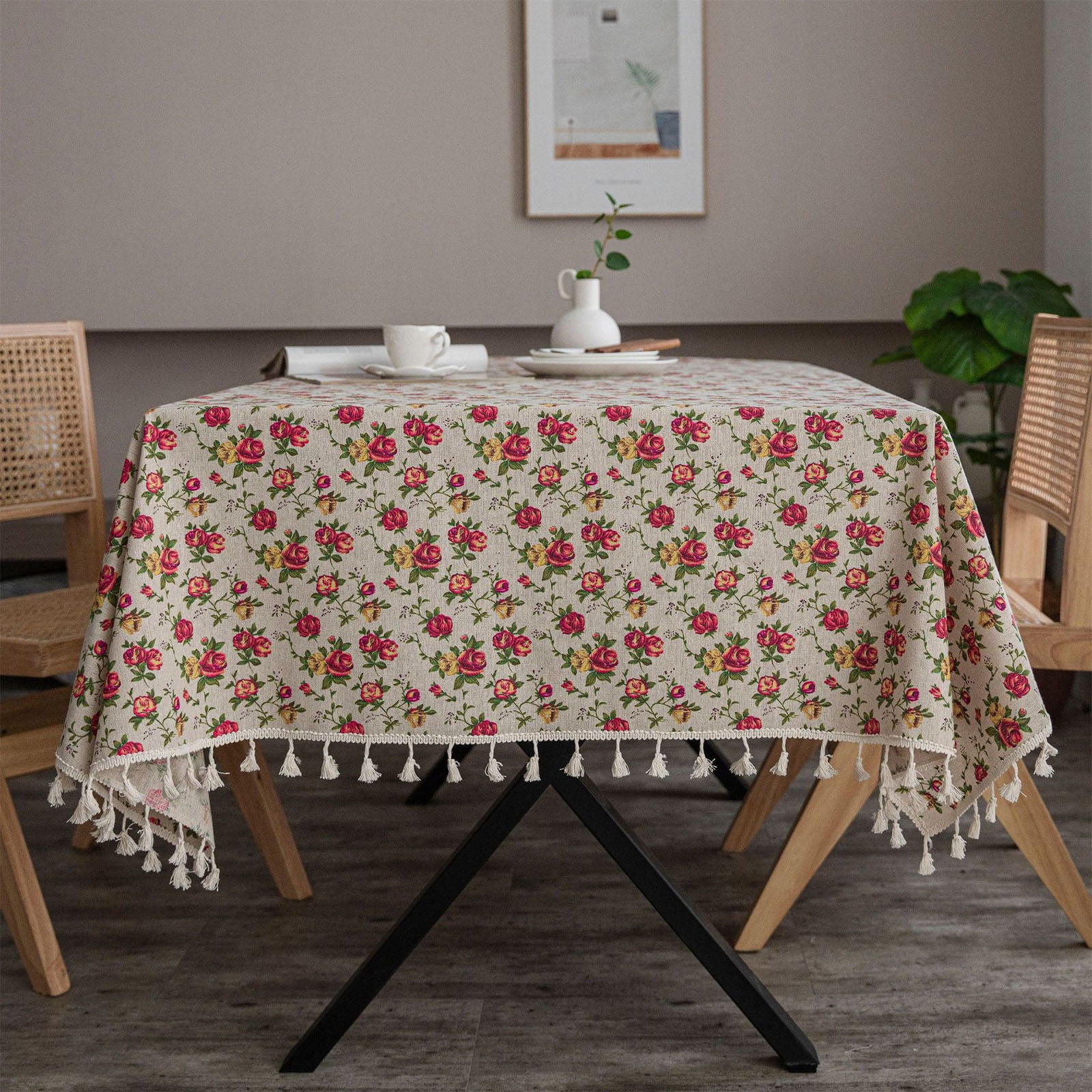 Wzzjkit Table Cloth Small Floral and Linen Tablecloths Tassel ...