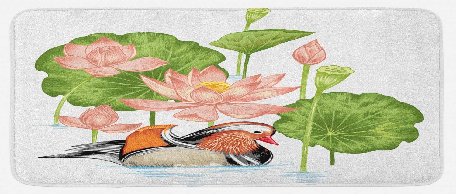 Rubber Duck Kitchen Mat, Mandarin Duckling in Pond with Lotus Lily ...