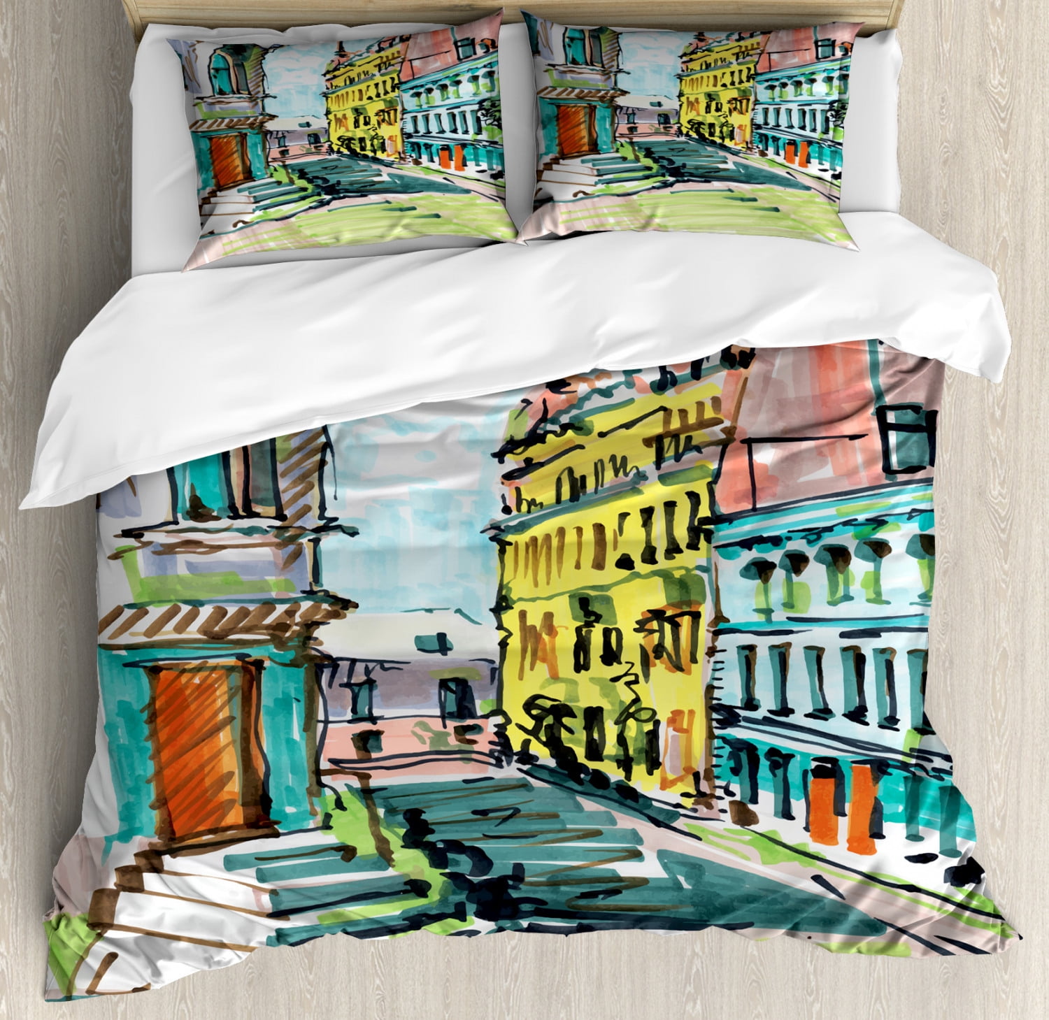 Fine Art Duvet Cover Set Queen Size, Watercolor Sketch Style Hand Drawn ...