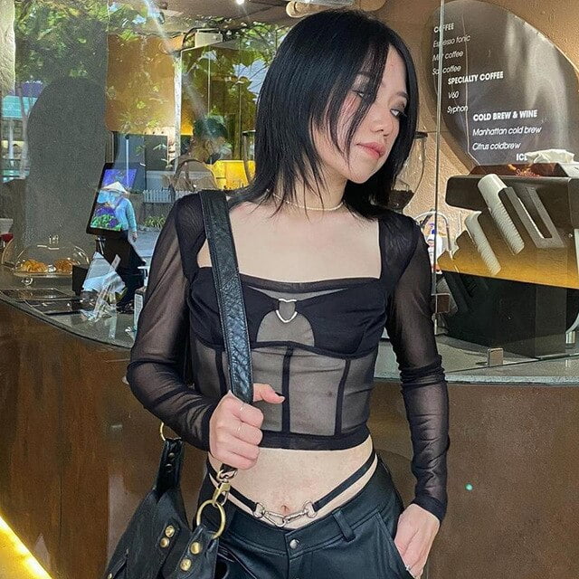 YCNYCHCHY Summer Solid Crop Tops Women 2023 New Lace Splice Mesh Sheer Long Sleeve Top Mujer Y2k ...