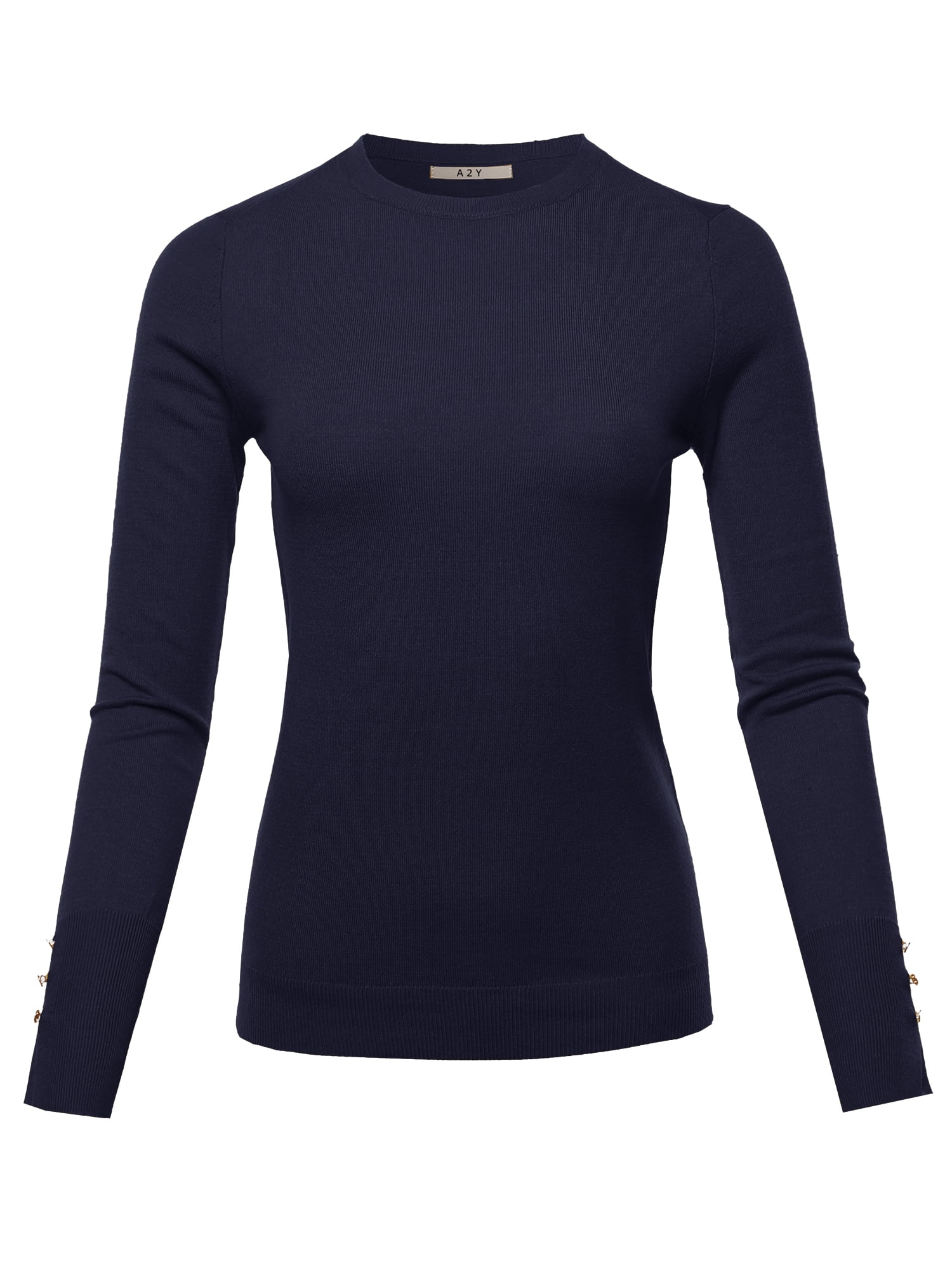 A2y Womens Fitted Viscose Crew Neck Long Sleeve Metal Button Detail