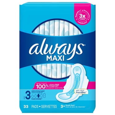 Always Maxi Size 2 Long Super Pads with Wings, Overnight Protection (90 ...