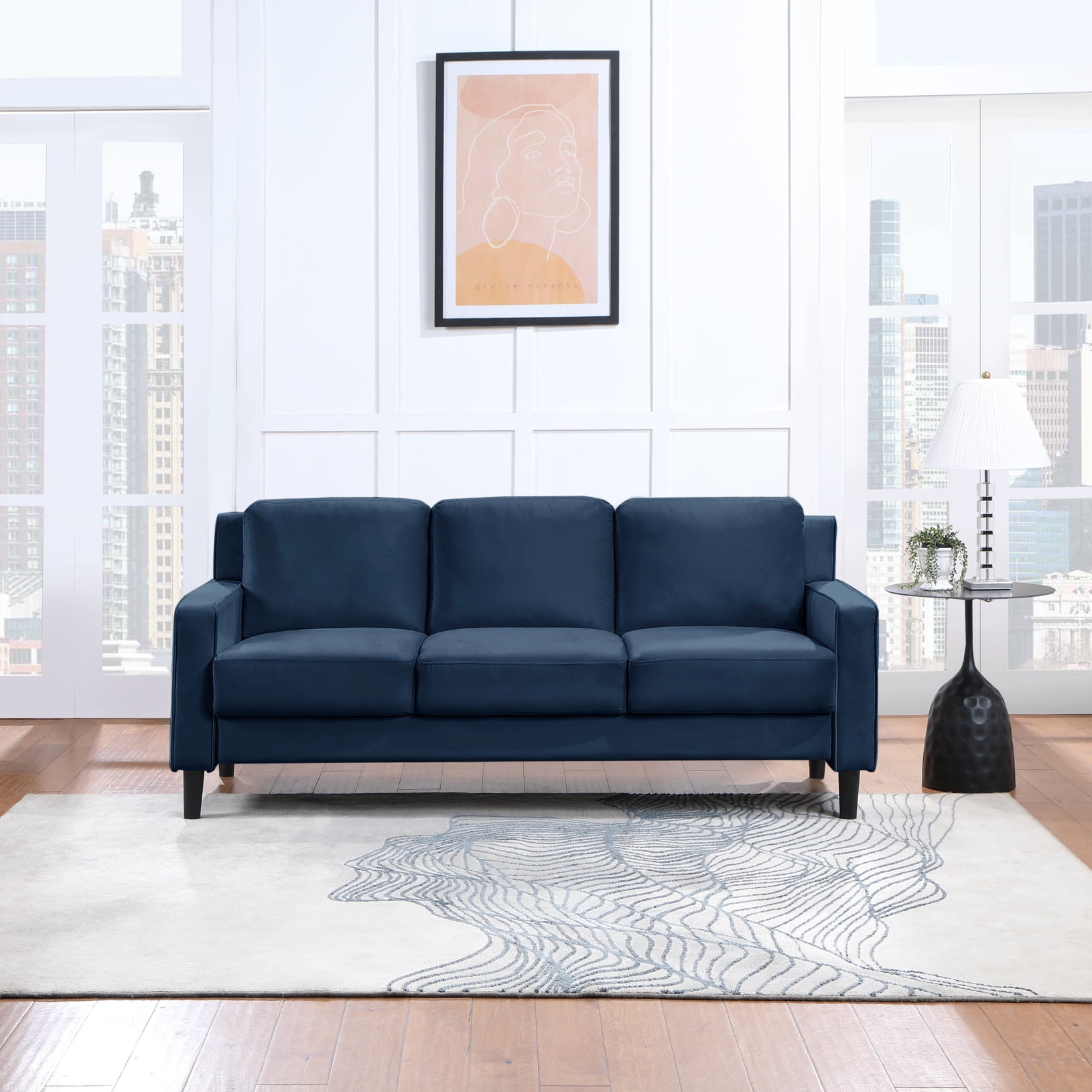 Velvet Upholstered 3-Seater Couch, Mid-Century Modern Sofa with Armrest ...