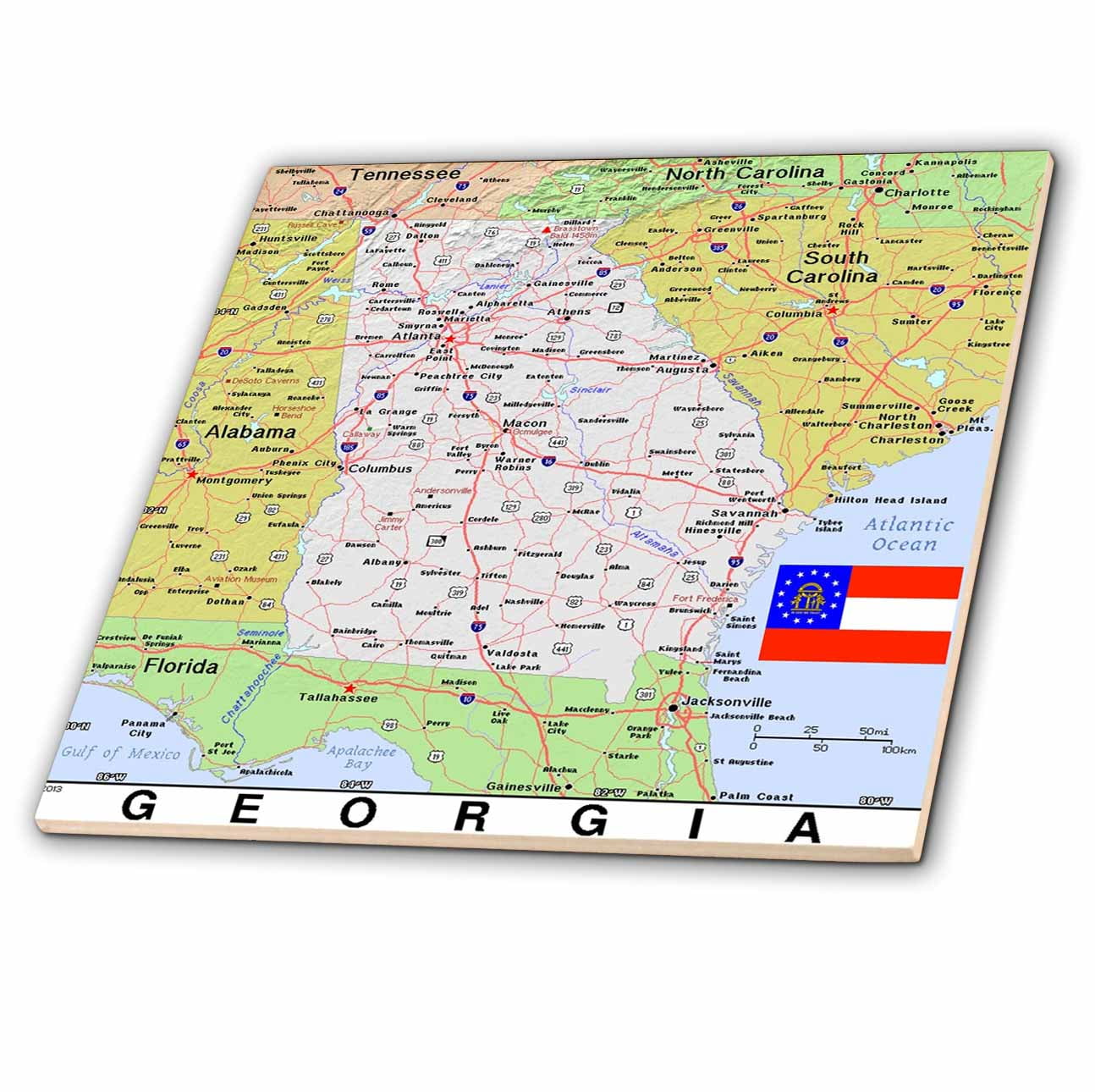Image of Georgia Topographic Map With State Flag 4 Inch Ceramic Tile ct ...