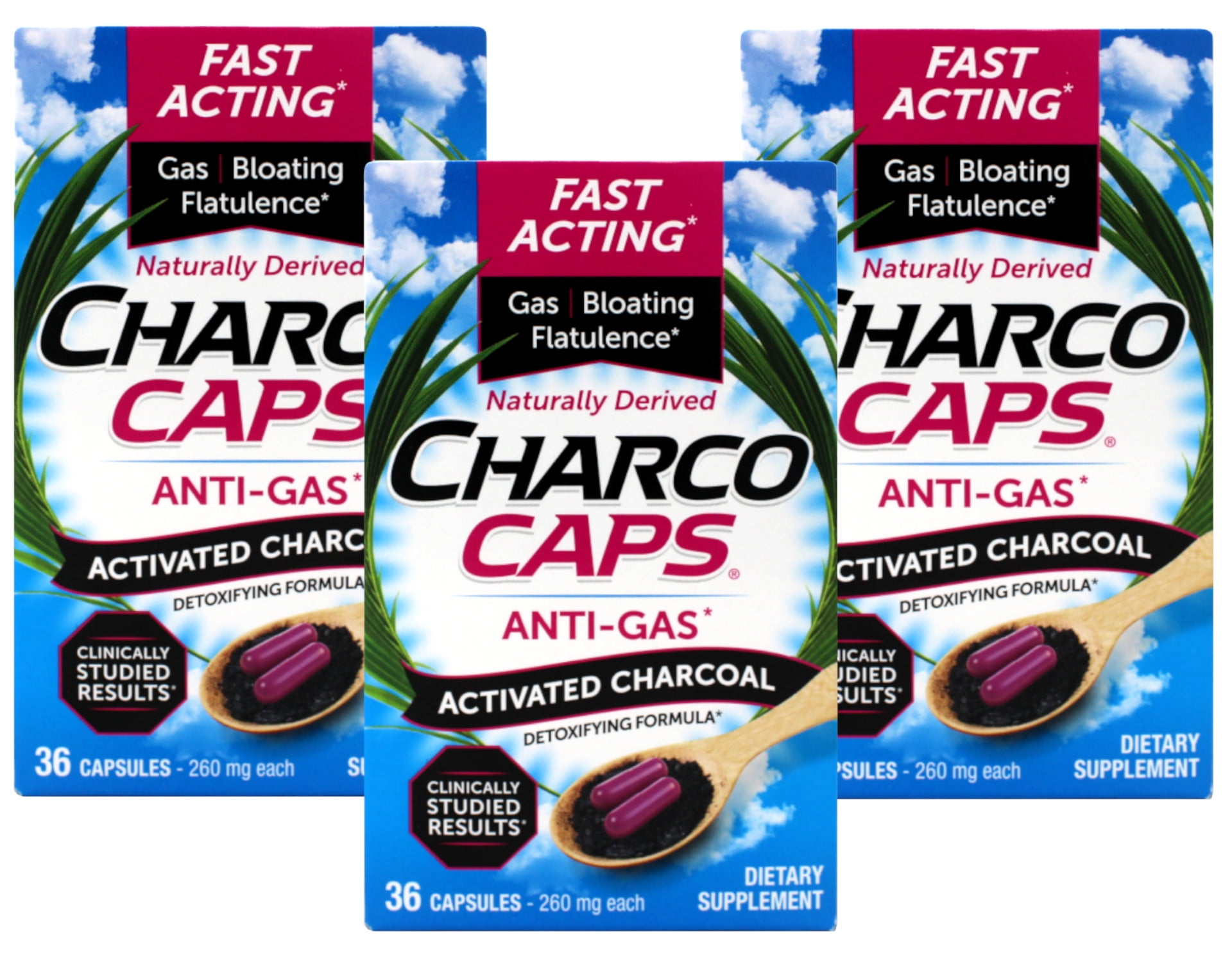 3 Pack Charco Caps Anti Gas Detoxifying Formula, 36 Capsules Each ...