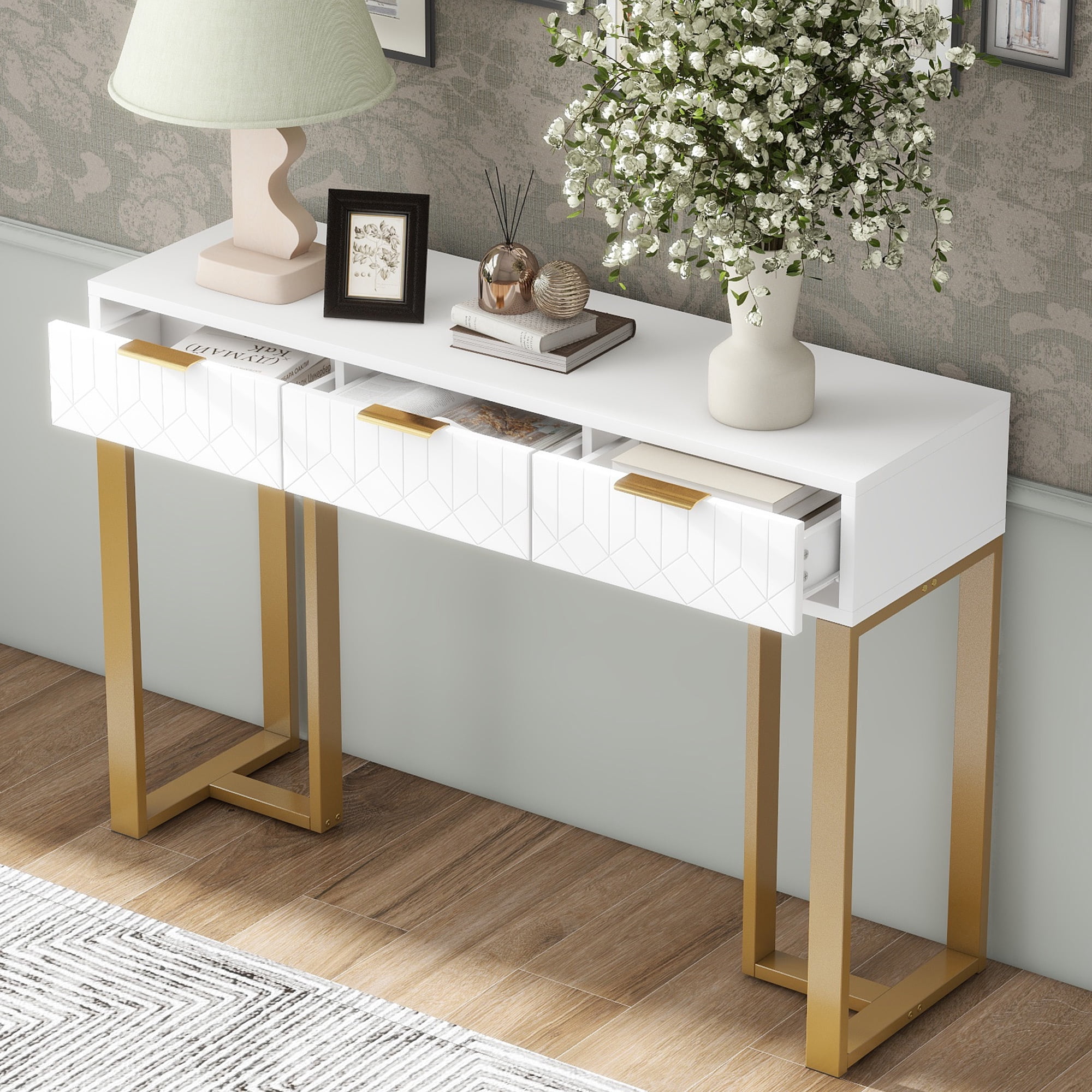 Noble House Modern Console Table with Drawers & Gold Frame,Geometric ...
