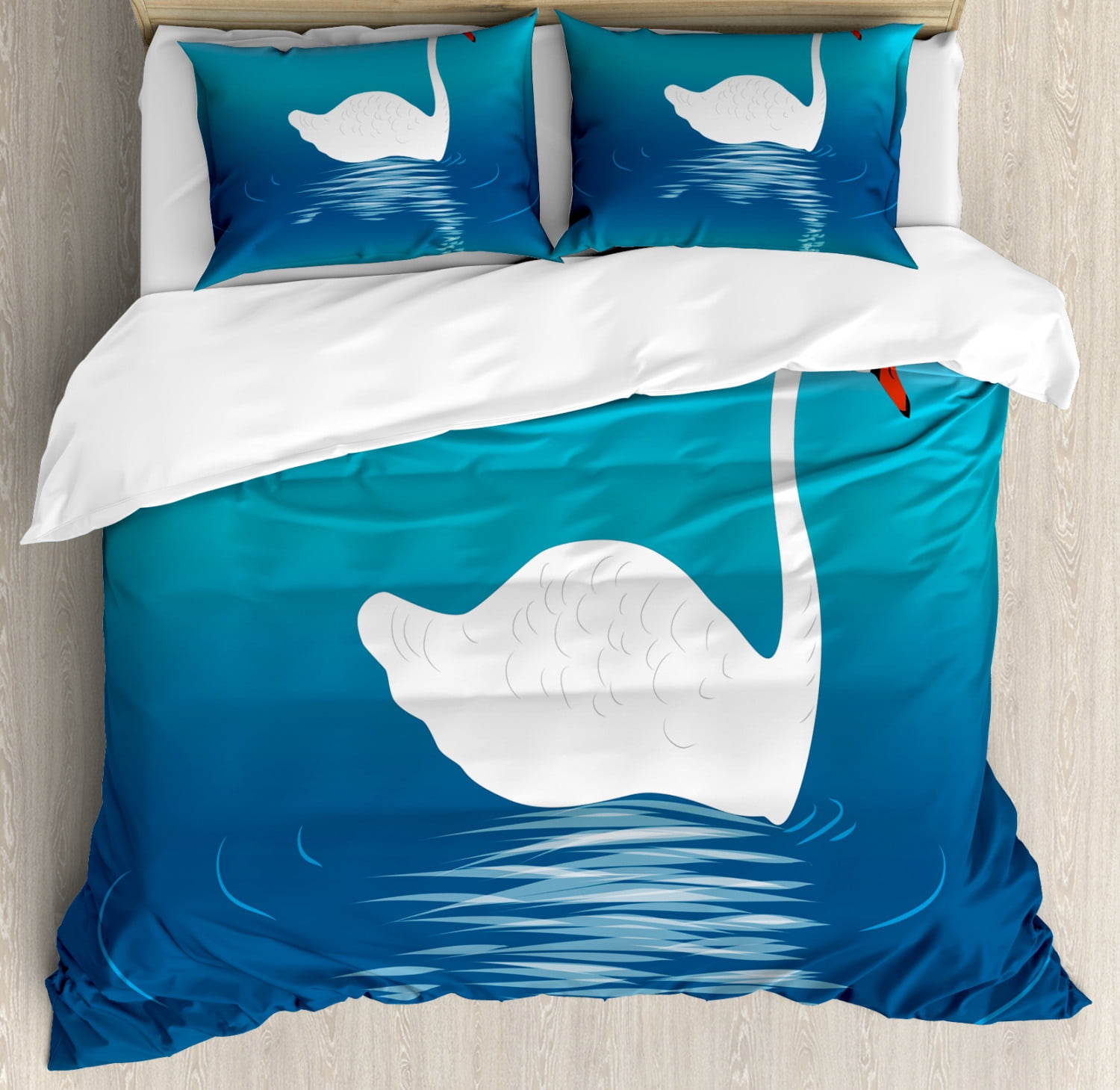 Swan Duvet Cover Set Queen Size, Long Necked Bird Staying on Calm Water ...