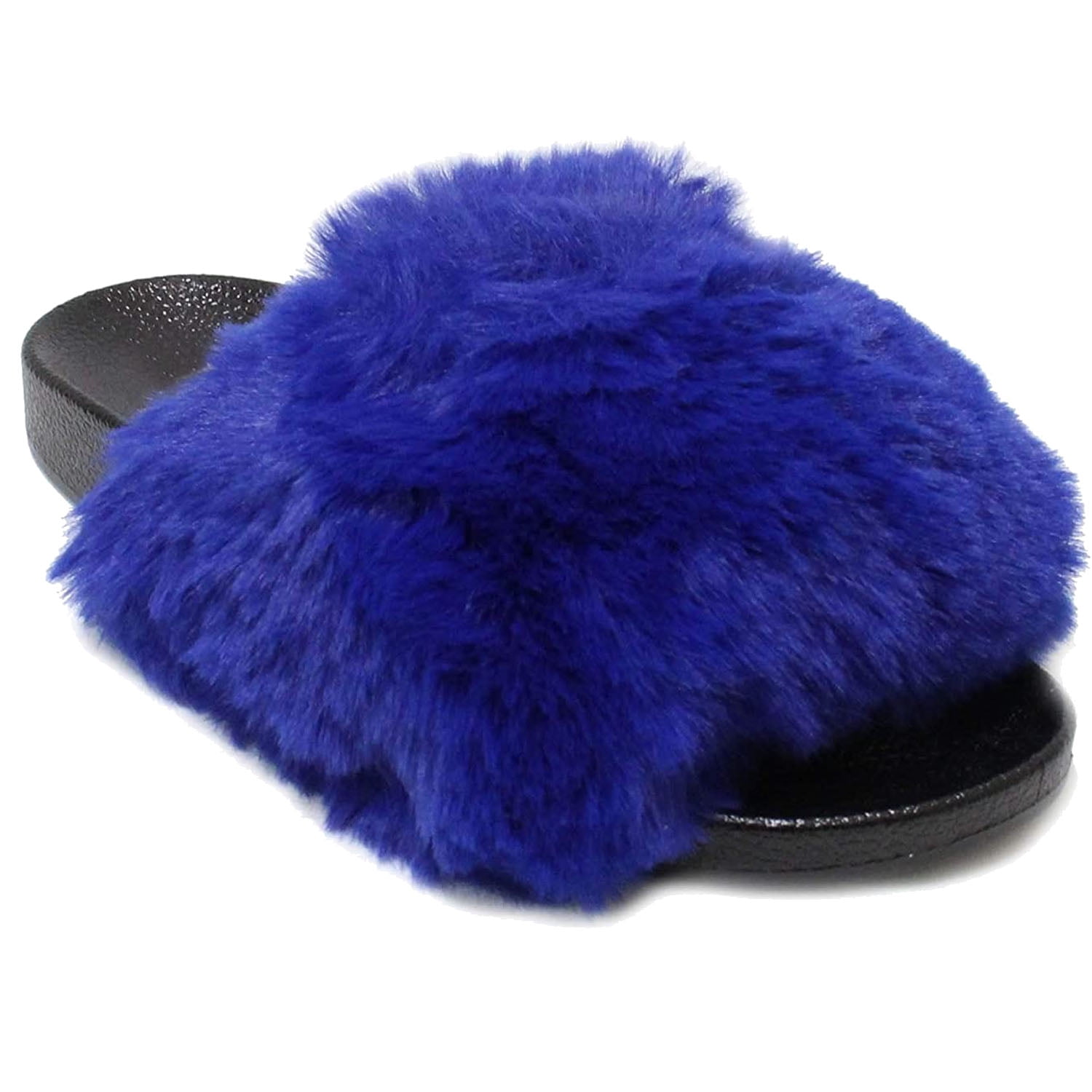 SNJ Women's Color Fluff Furry Ultra Soft Faux Fur Slide Slipper Open ...