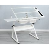 Coowa White Adjustable Tempered Glass Drafting Table with Stool, Art ...