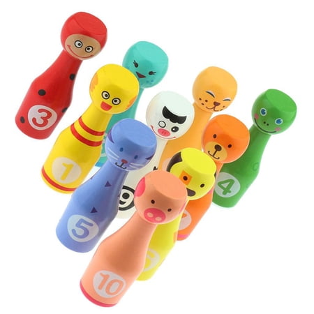 Wooden Skittle Set 10 Cartoon Animal Toys 2 Ball Toy for Preschool ...