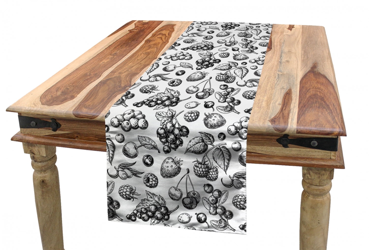 Fruit Table Runner, Nostalgic Engraving of Summer Berries Blueberry ...