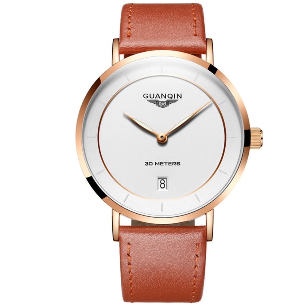 GUANQIN Men Business Stainless Steel Leather Band Analog Quartz Wrist ...