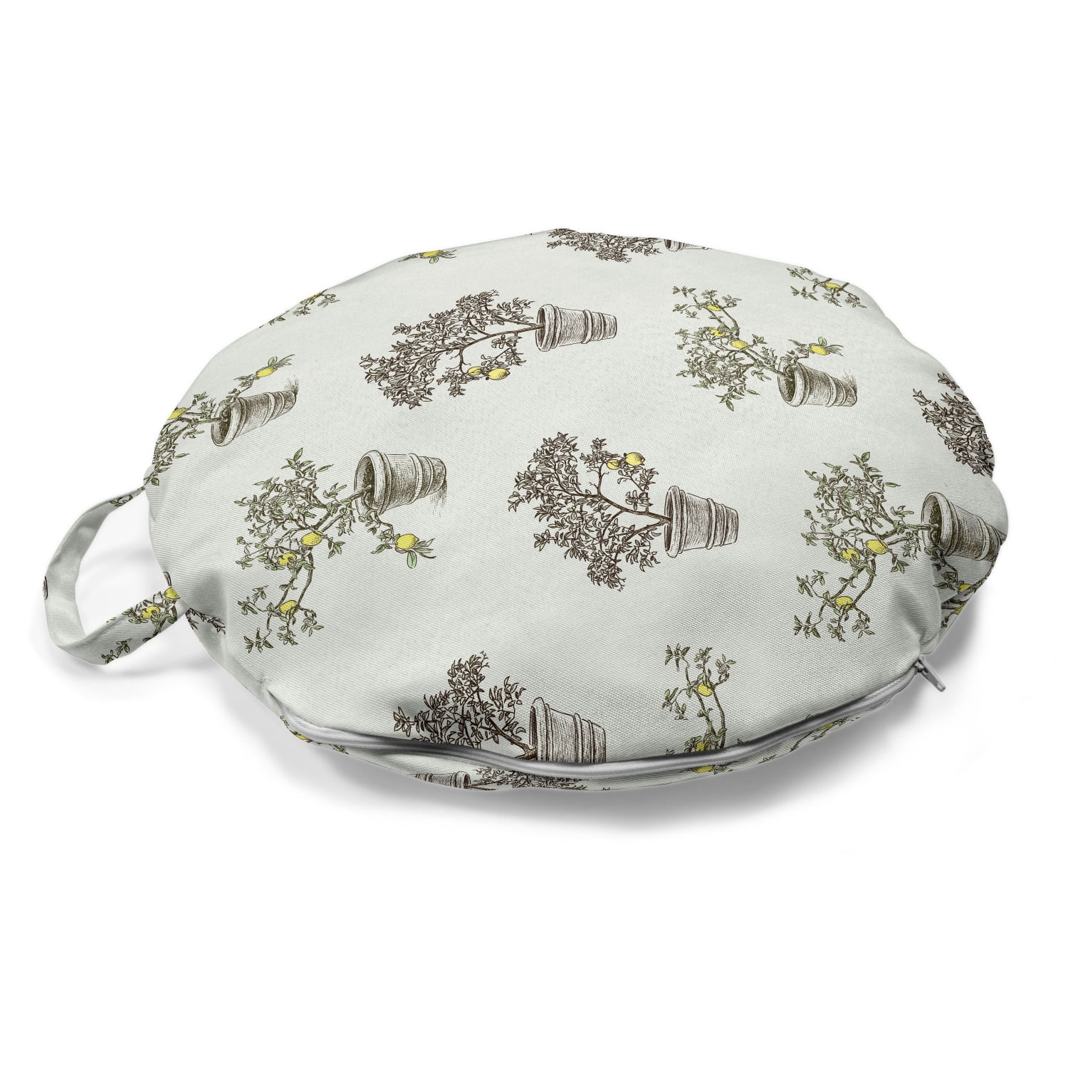 Botanic Round Floor Cushion with Handle, Lemon Trees in Flowerpots Hand ...