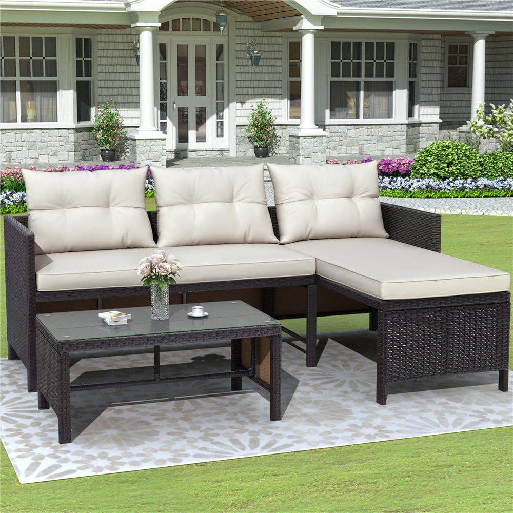 3 Piece Outdoor Patio Furniture Set, 3 Rattan Patio Chairs with Glass ...