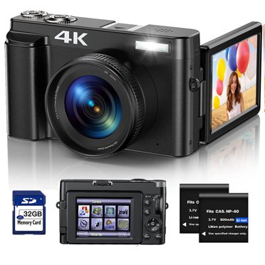 Compact 4K Melcam Camera, 48MP, Anti-Shake, Viewfinder, SD Card, 2 ...