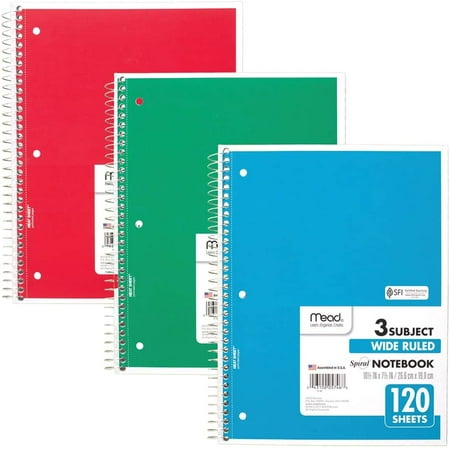 Mead Spiral Notebooks, 3 Subject, Wide Ru Paper, 120 Sheets, 10-1/2" x ...
