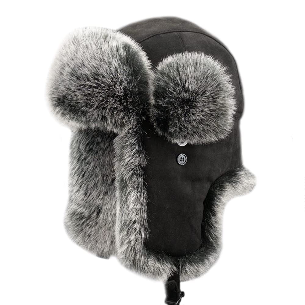 HAORUN Men Faux Fur Suede Leather Trapper Hat Cap Ski Ushanka Russian ...