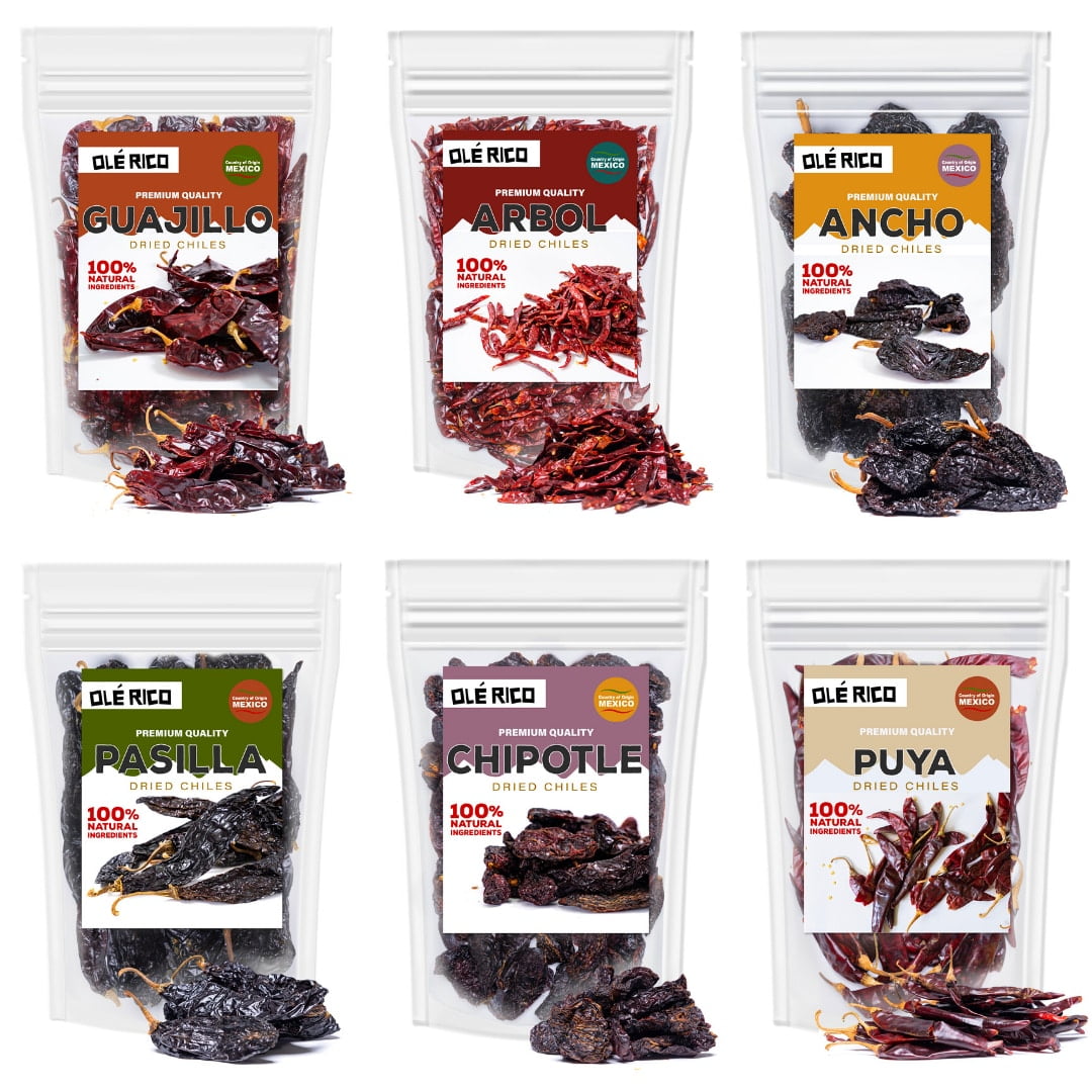Dried Peppers 6 Pack - Whole - Ancho, Arbol, Guajillo, Pasilla ...