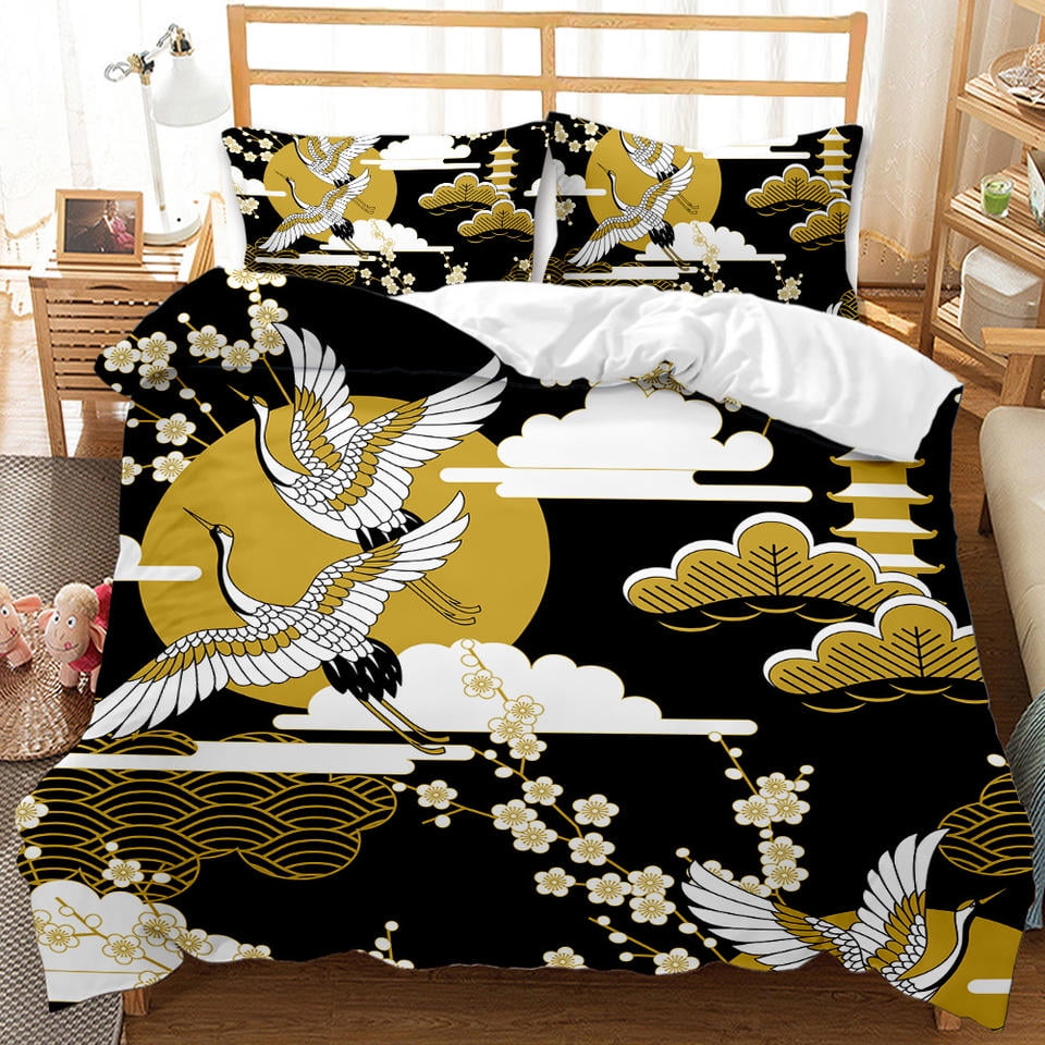 Sakura Pattern Bedding Bed Set 3D Printed Lightweight Red-Crowned Crane ...