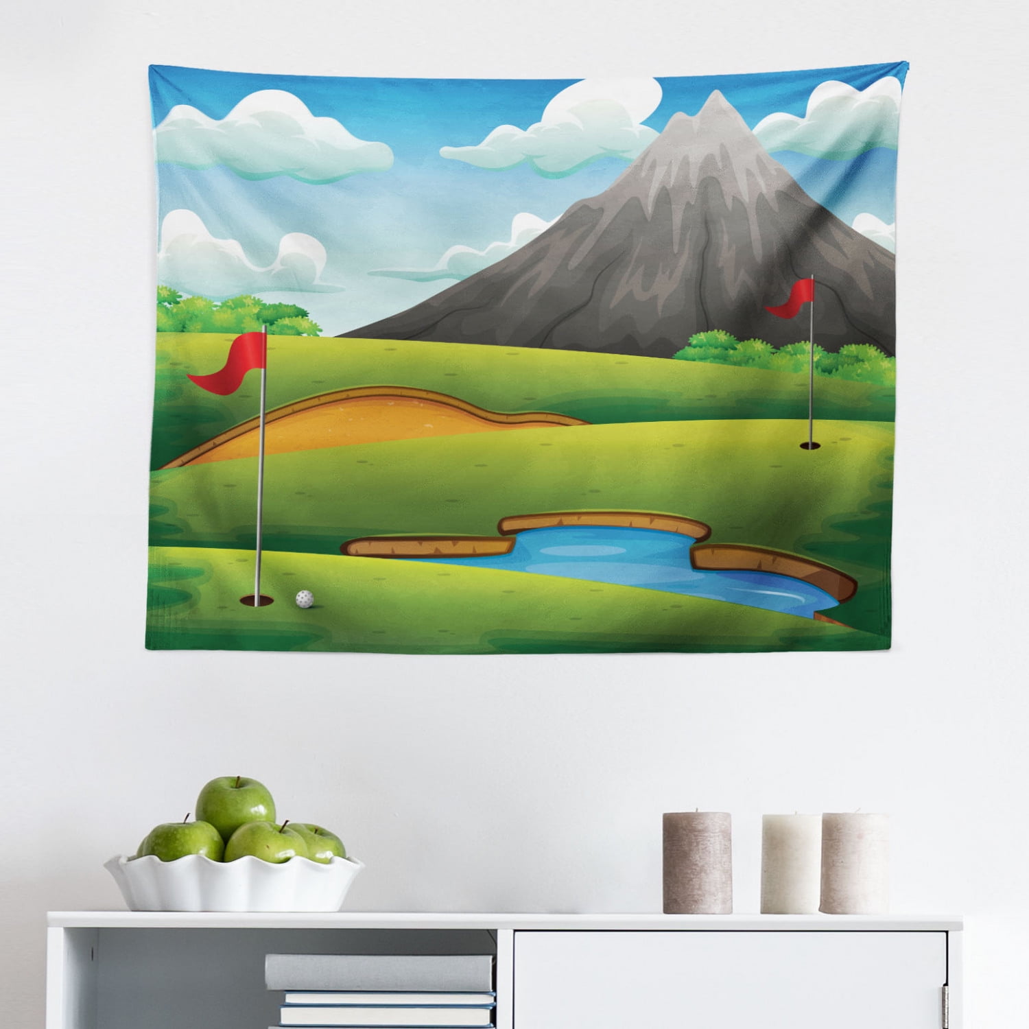 Golf Course Scene Tapestry, Happy Golfer on Field in a Sunny Day ...