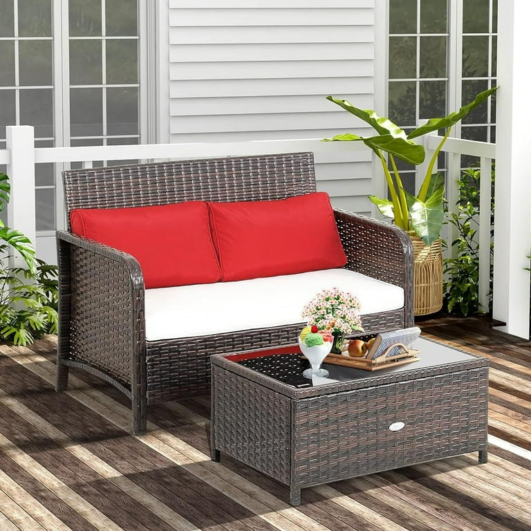 RELAX4LIFE 2 Piece Wicker Outdoor Loveseat Patio Furniture Set w Love Seat Glass Top Coffee Table Cushions 2 Seater Conversation Sofa Couch for