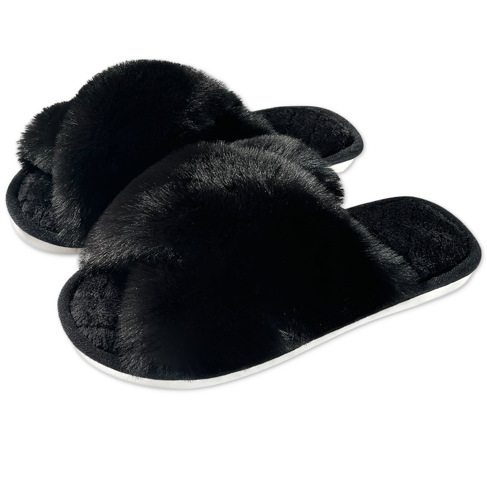 Finvizo Fuzzy Slippers Women's Cross Band Fluffy Slippers Open Toe ...