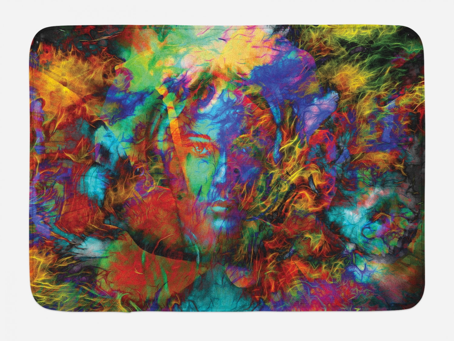 Mystic Bath Mat, Mysterious Woman Face with Butterflies and Figures ...