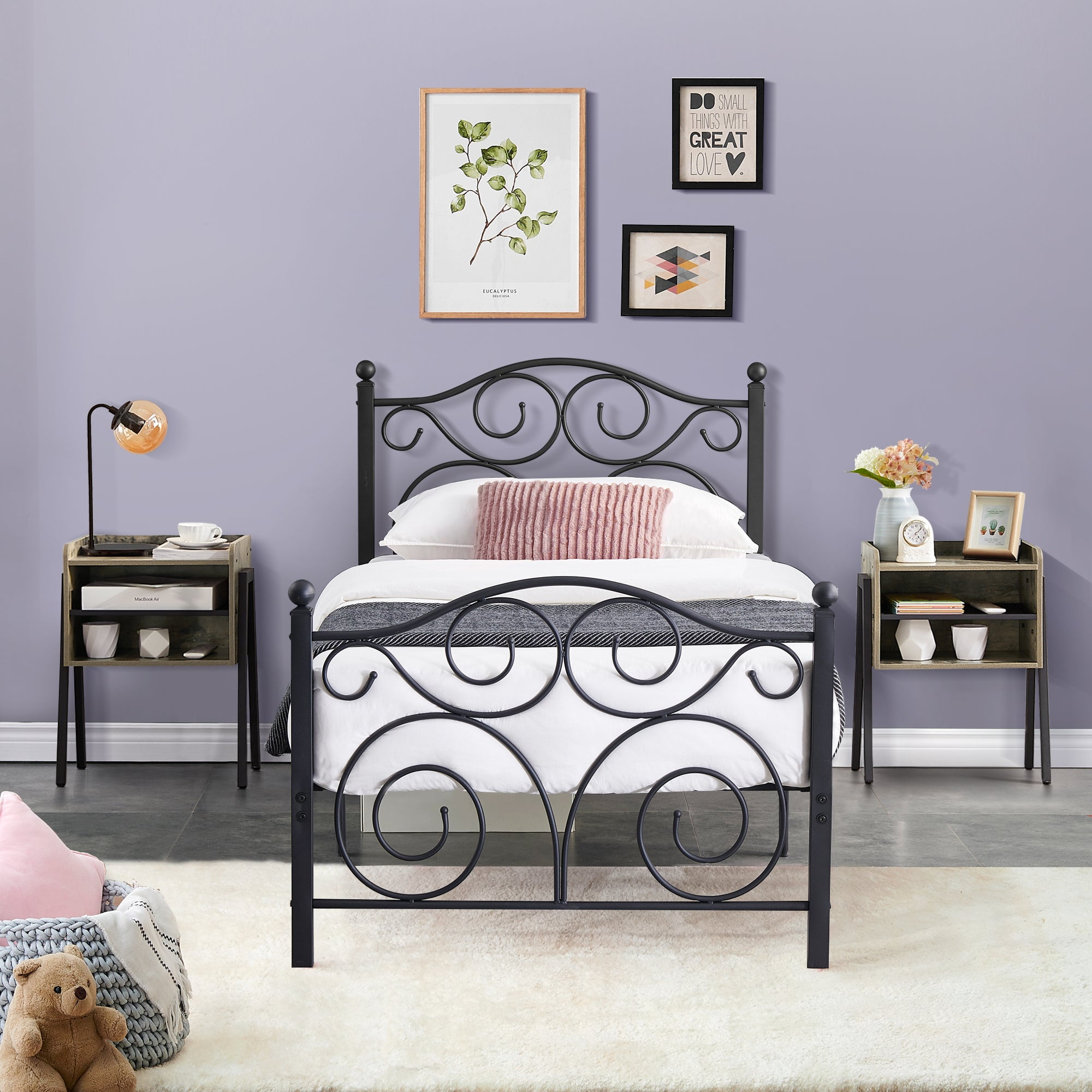 VECELO 3-Piece Bedroom Sets Metal Bed Frame and 2 Gray Nightstand ...