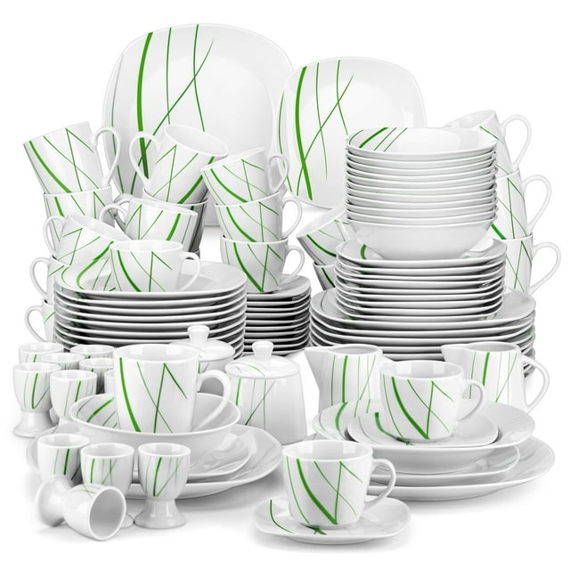 VEWEET Dinnerware Sets, Porcelain Dinner Set for 12, 100-Piece Ivory White, Series Aviva ...