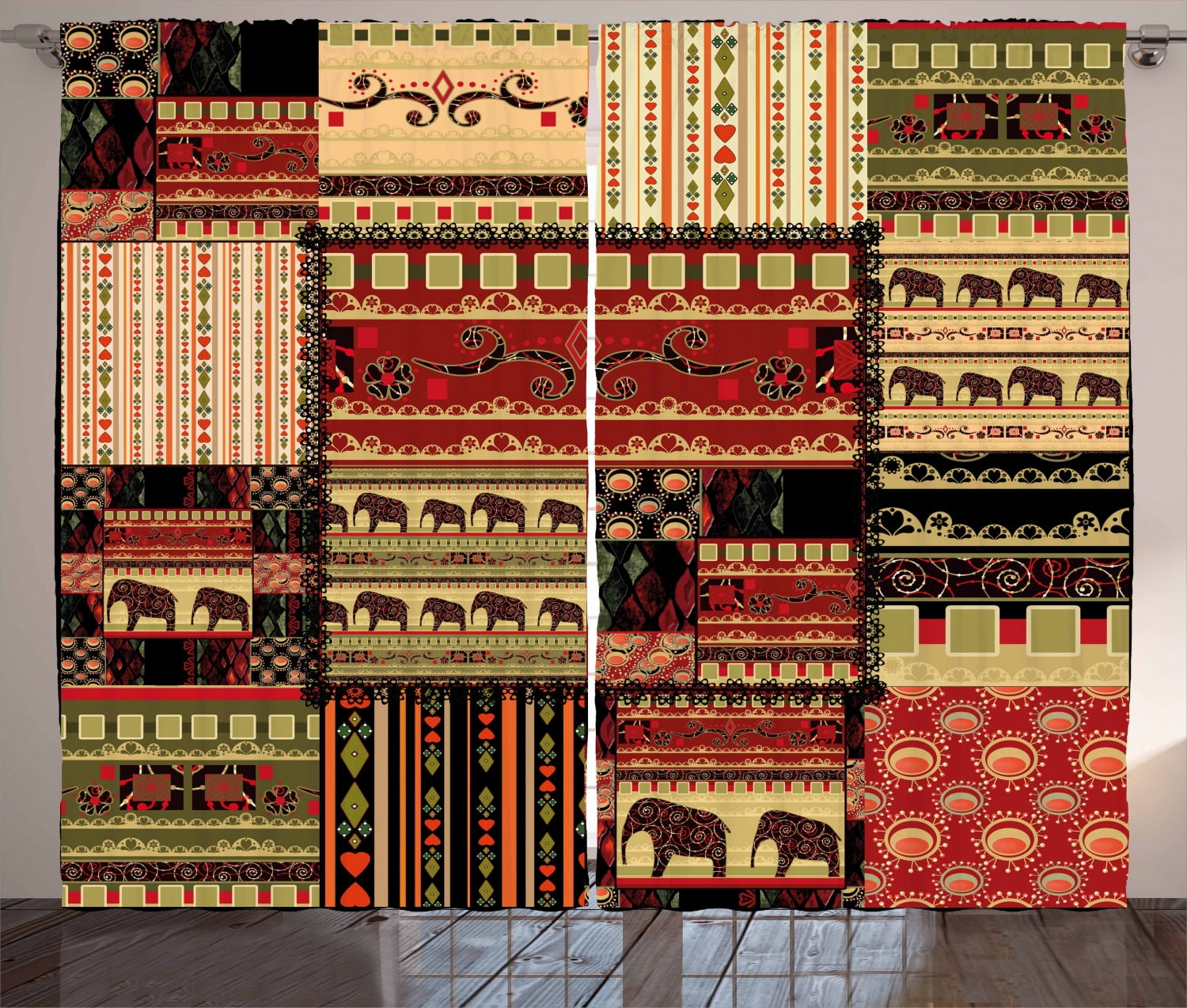 African Curtains 2 Panels Set, Patchwork Style Asian Pattern with ...