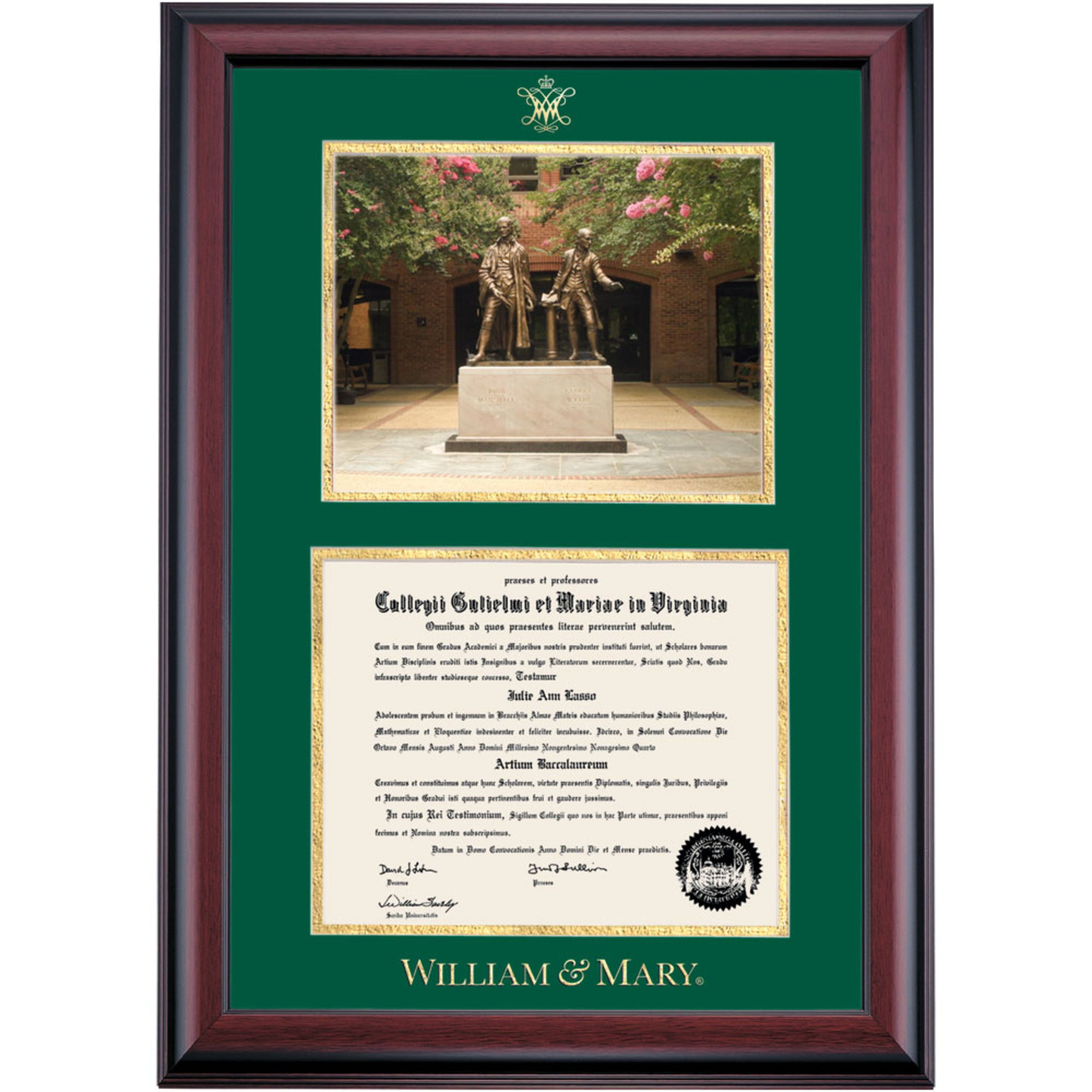 OCM Diploma Frame for College of William & Mary, Hunter Green/Gold Mat ...