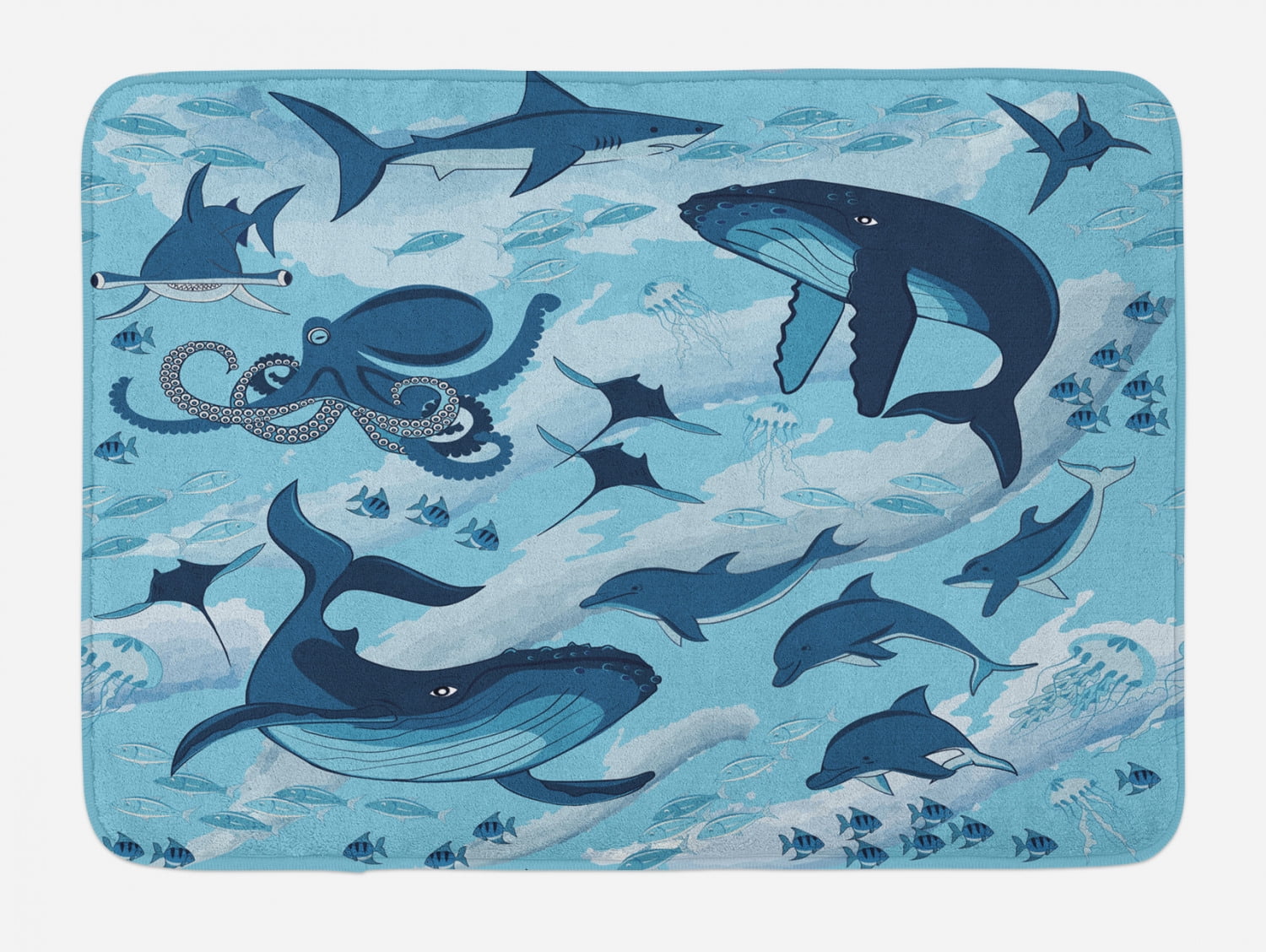Shark Bath Mat, Inhabitants of Ocean Sharks Whales Dolphins Octopus ...