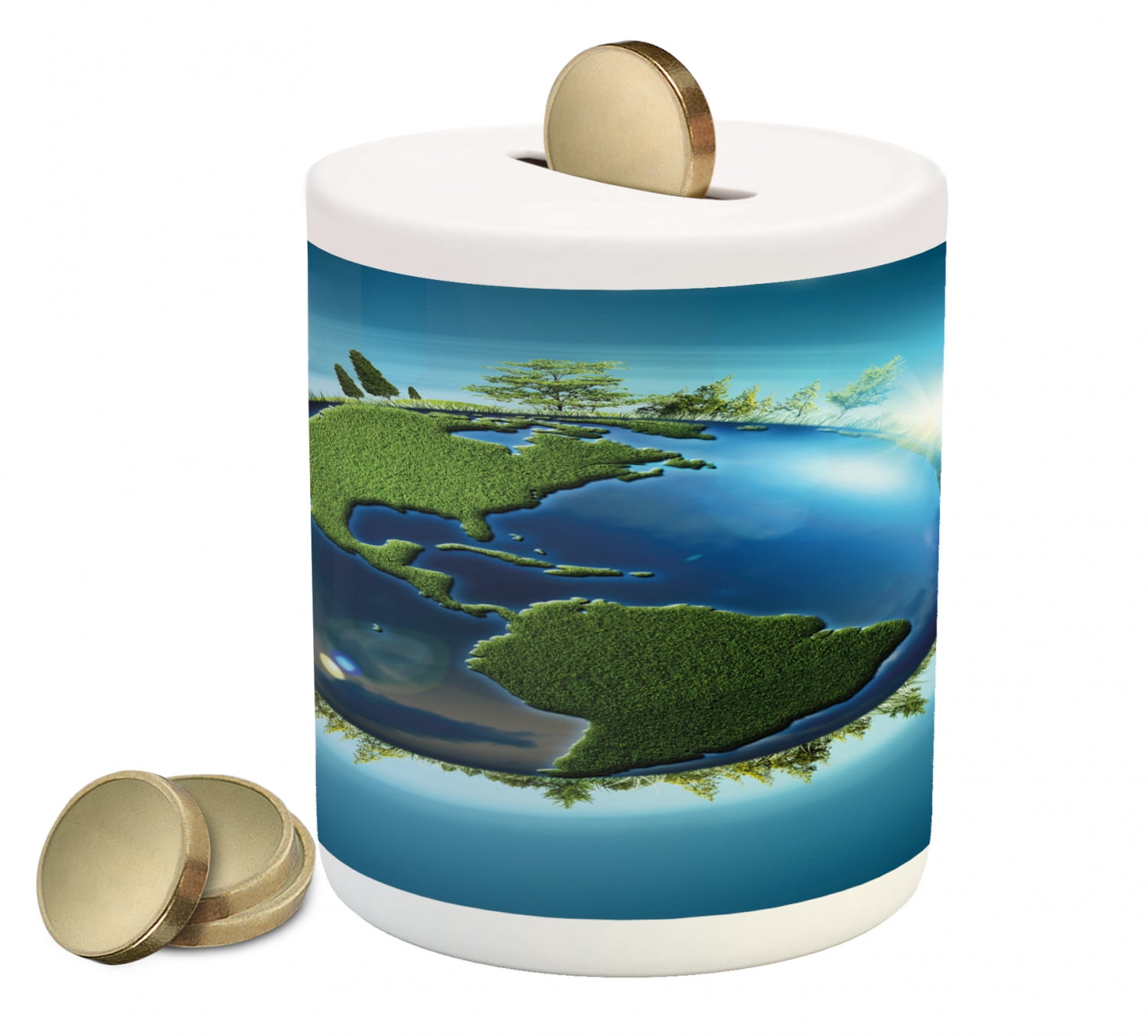 Earth Piggy Bank, Planet Covered with Blue Seas and Forest Continents ...