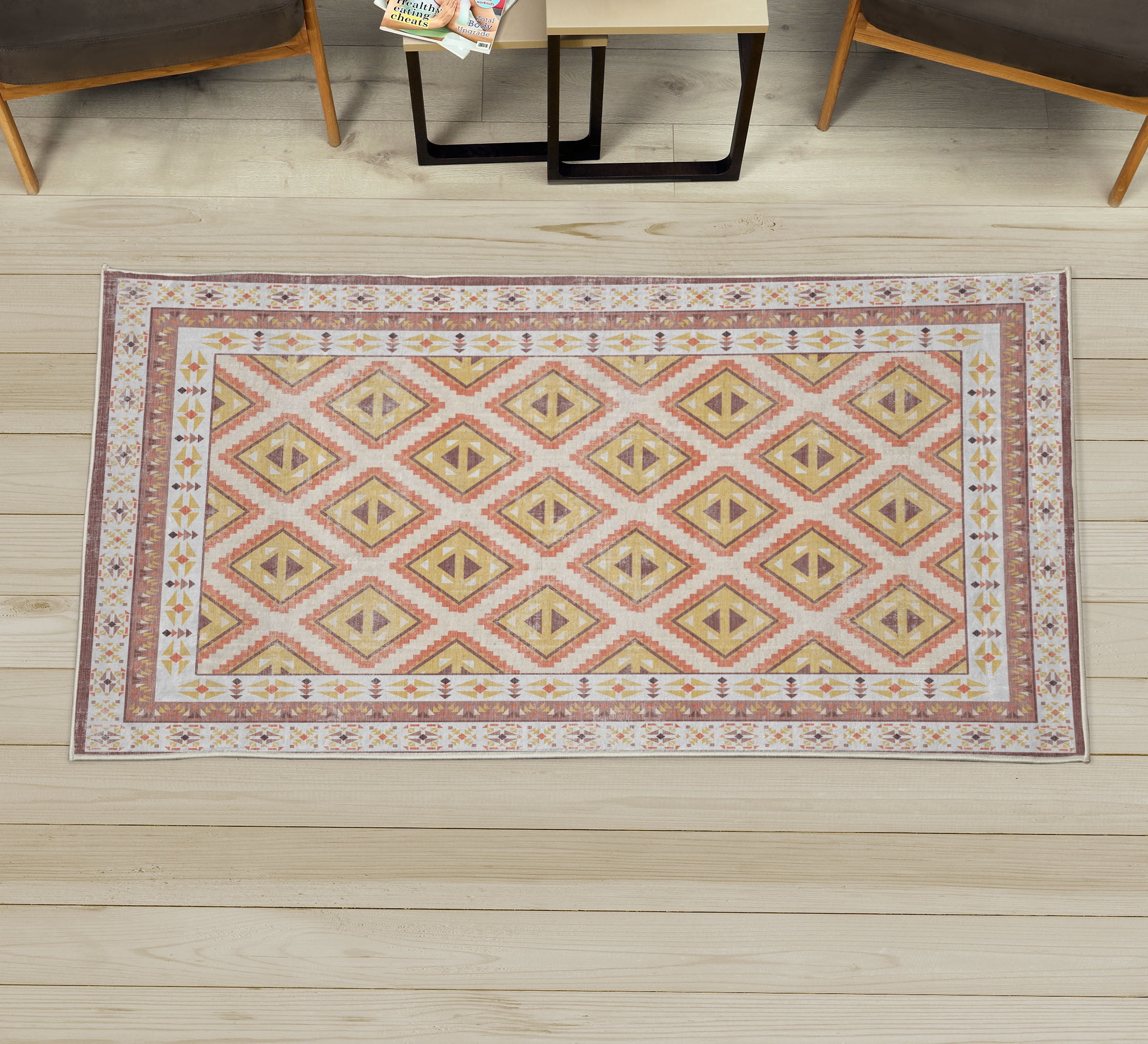Geometric Decorative Rug, Ethnic Rustic Zigzagged Squares Folkloric ...