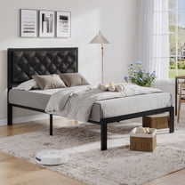 Lifezone Bed Frame with Headboard PU Leather Upholstered and All Metal ...