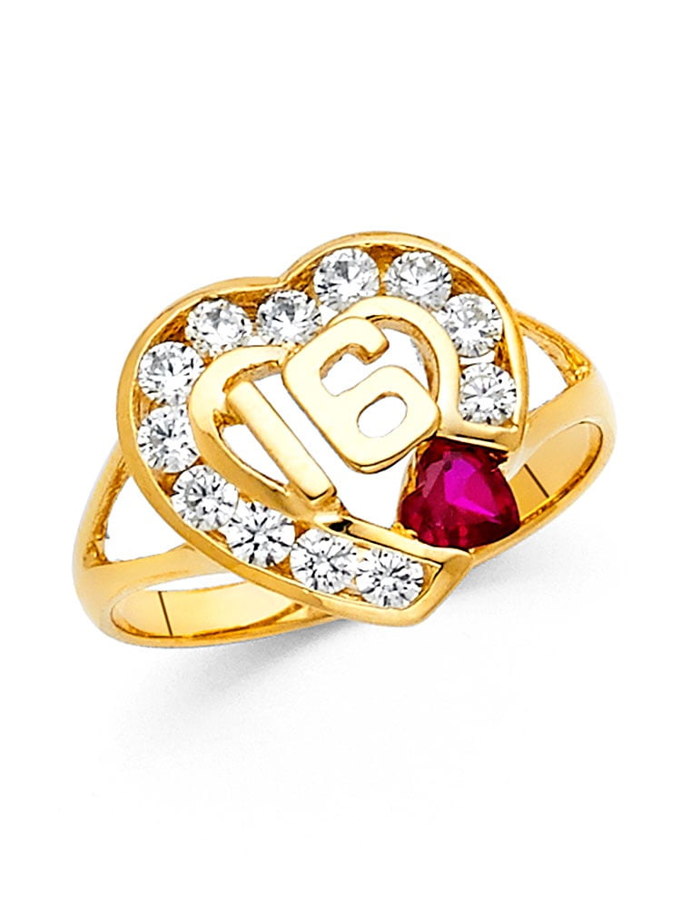 Sweet 16 Ring Solid 14k Yellow Gold Heart Band Birthday Stylish Red CZ ...