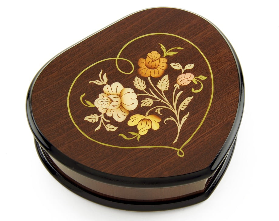 Elegant 30 Note Wood Tone Heart Shaped Music Jewelry Box with Floral in ...