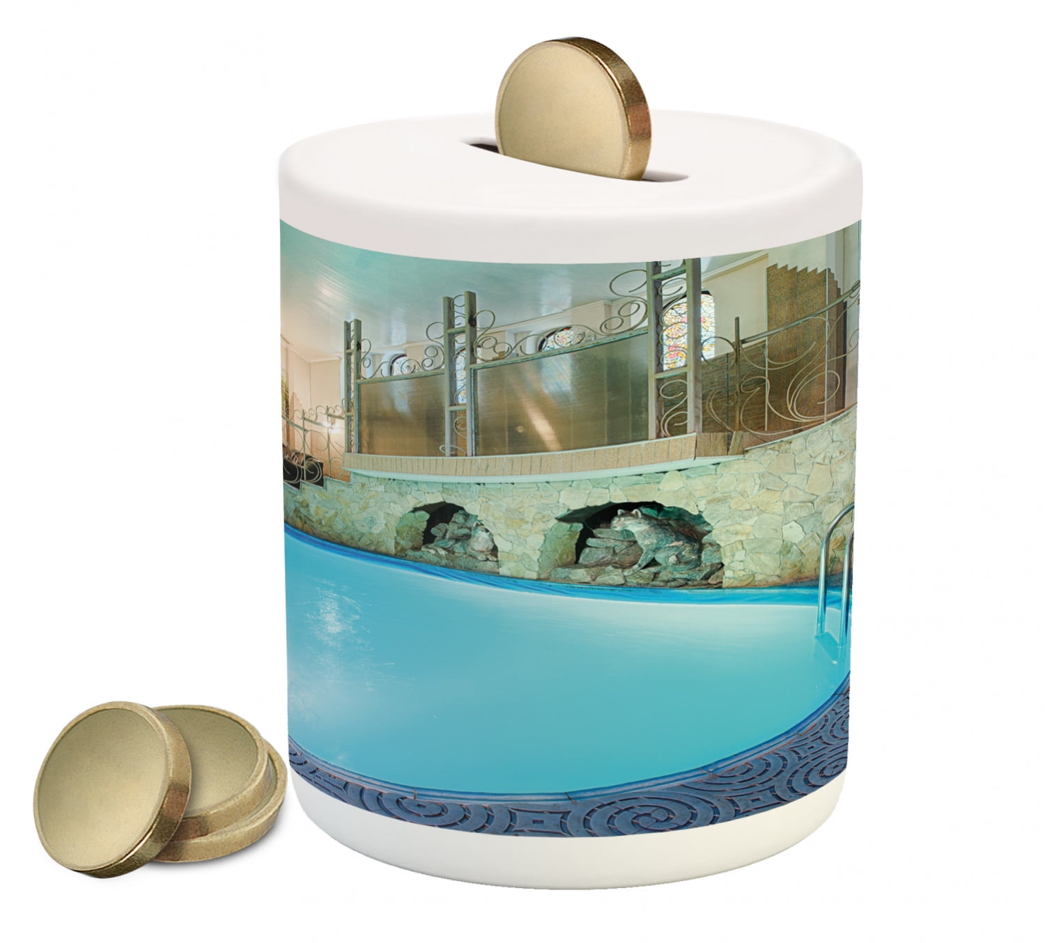 Modern Piggy Bank, Vivid Blue Swimming Pool in Spa Interior Resort ...