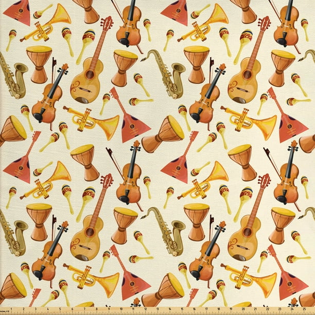 Jazz Music Fabric by The Yard, Pattern with Horn Drum Guitar and ...