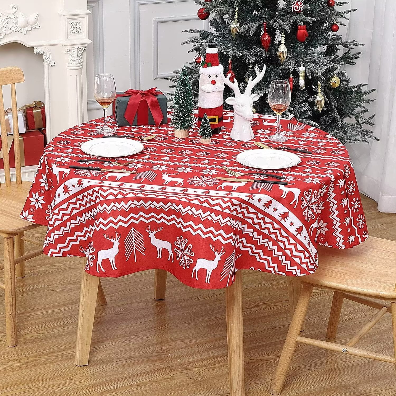 ZACOO Red White Christmas Tablecloth Winter Snowflake Decorative Round ...