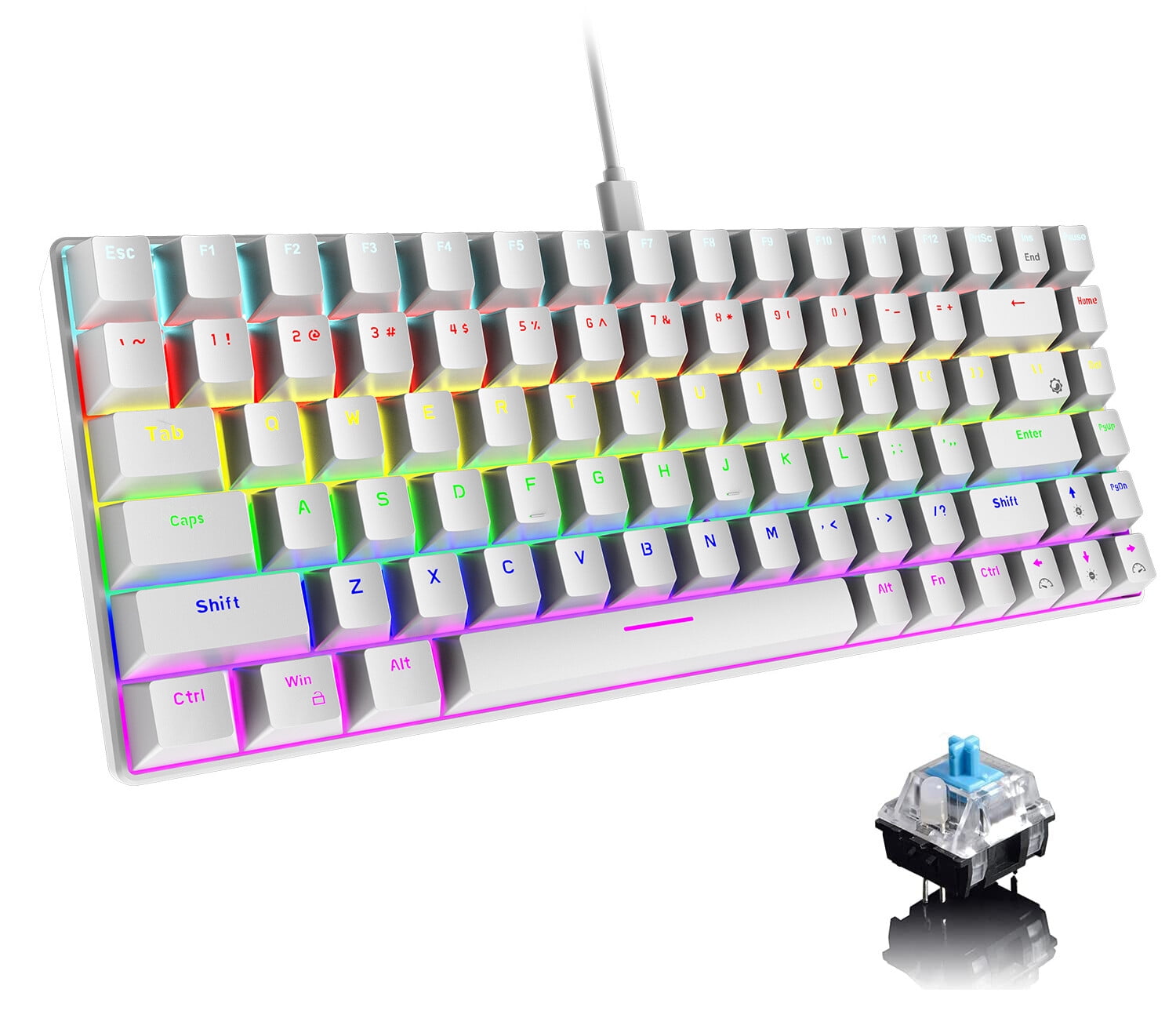 Wired Gaming Keyboard Rainbow Backlit Mechanical Keyboard Type-C 84 ...
