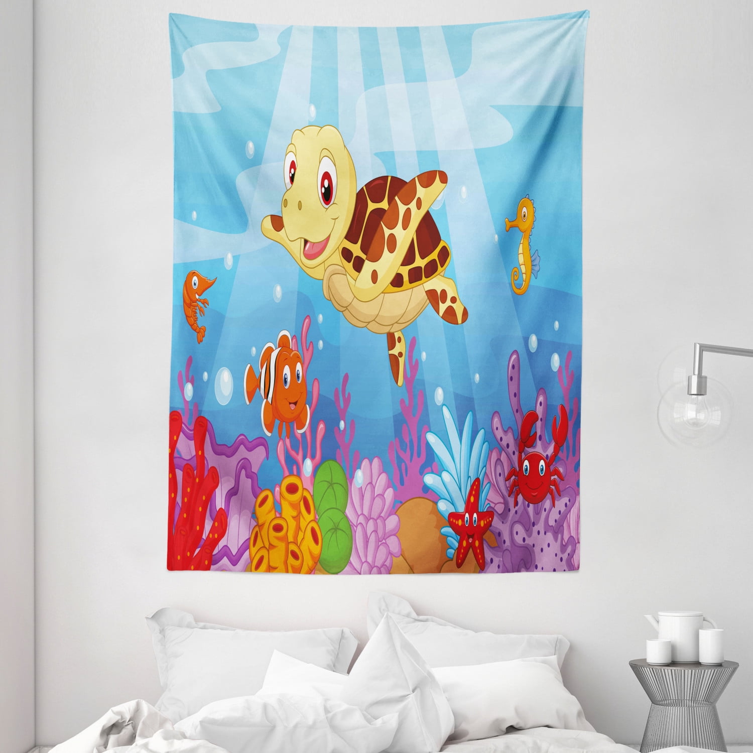Turtle Tapestry, Funny Adorable Cartoon Style Underwater Sea Animals ...