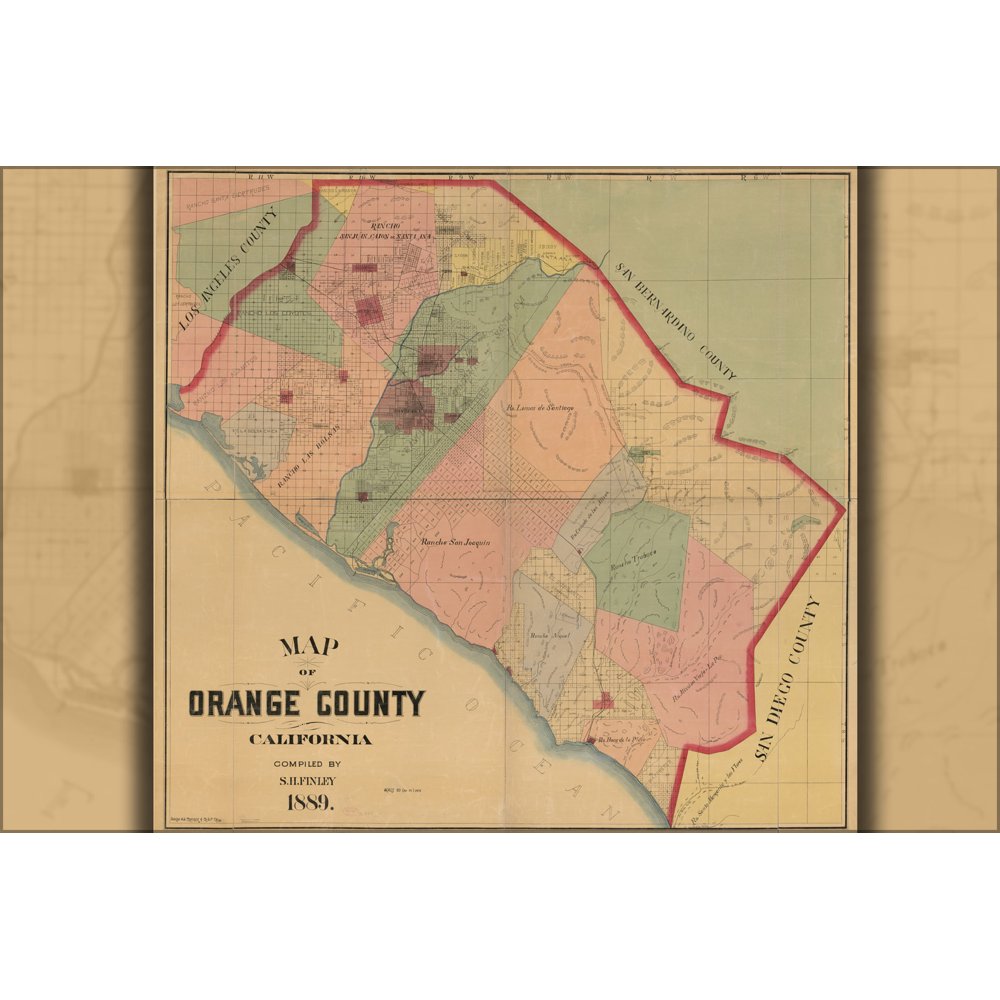 24"x36" Gallery Poster, Map of Orange County, California 1889 - Walmart ...
